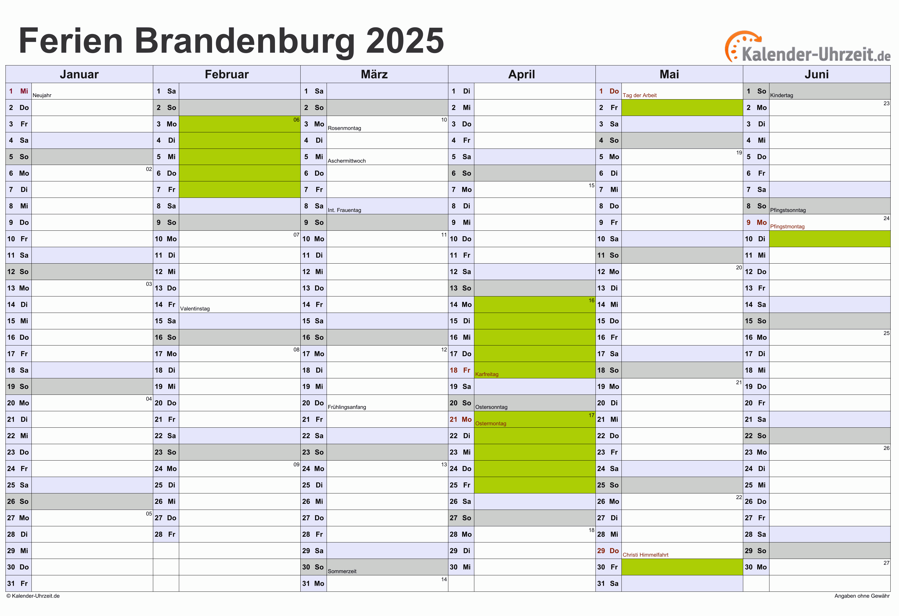 Ferien Brandenburg 2025 - Ferienkalender zum Ausdrucken Ferien Brandenburg 2025 - Ferienkalender zum Ausdrucken