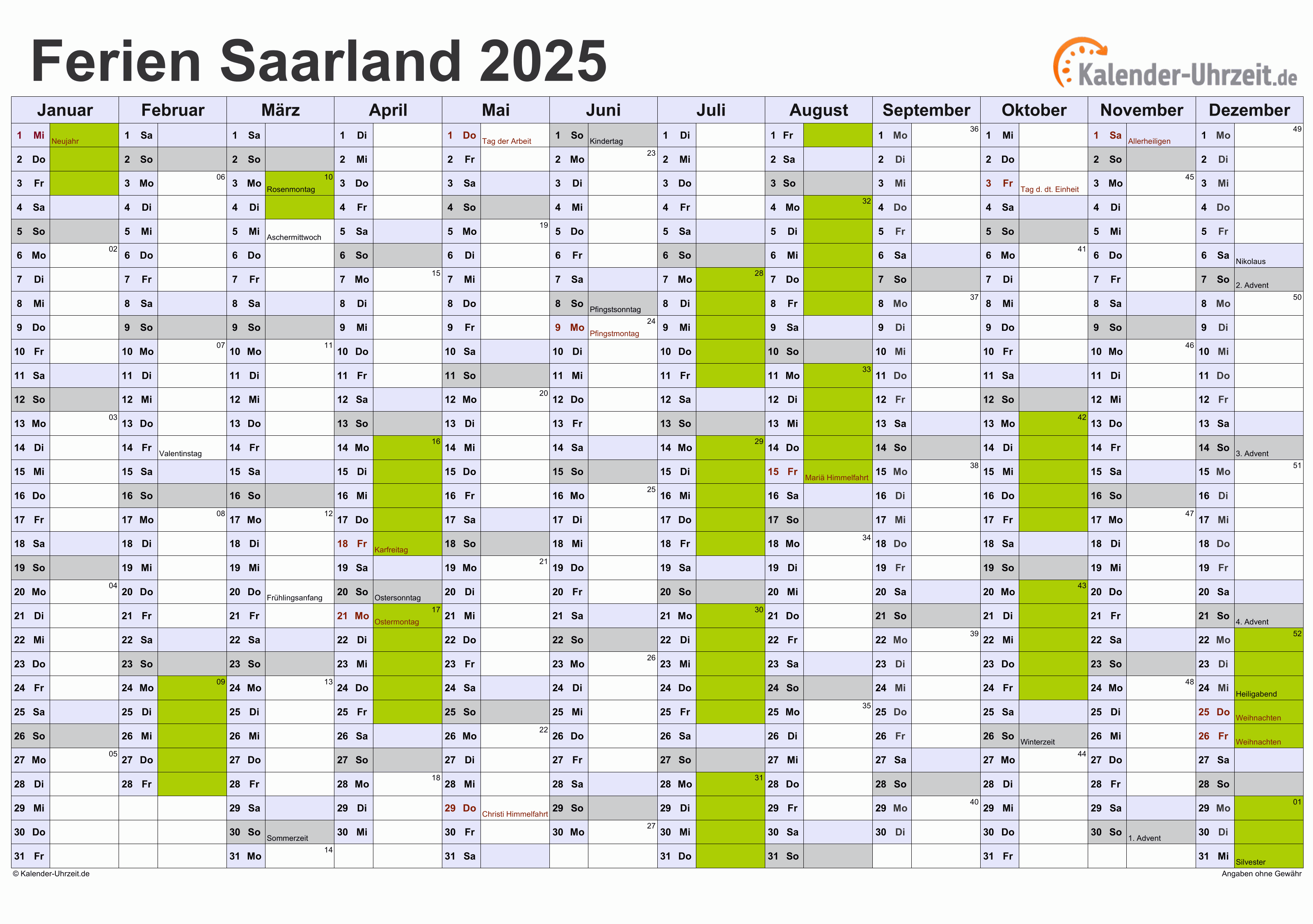 Ferien Saarland 2025 Ferienkalender Zum Ausdrucken