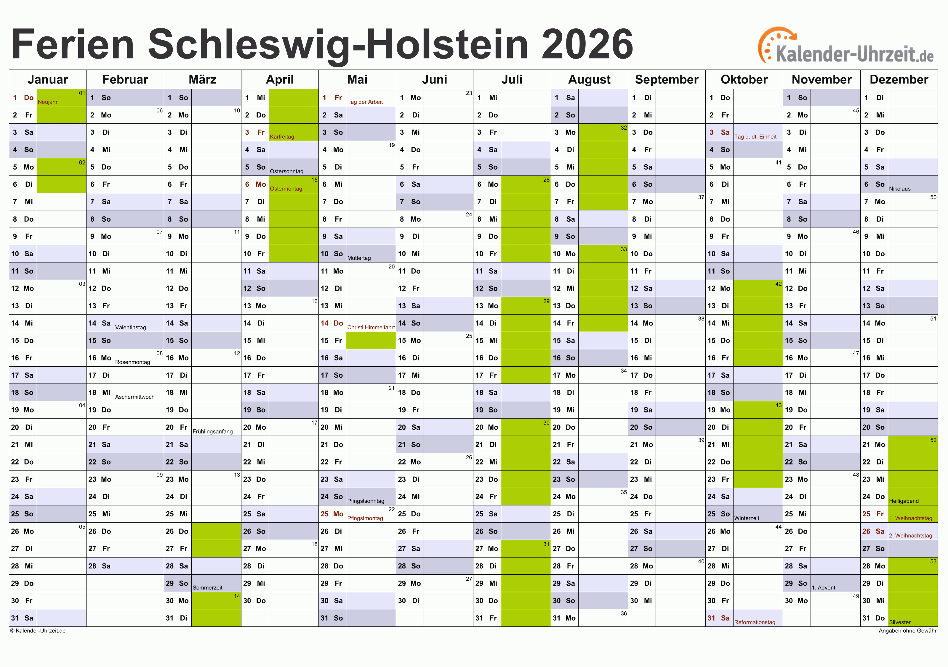 Ferien Schleswig-Holstein 2026 - Ferienkalender zum Ausdrucken Ferien Schleswig-Holstein 2026 - Ferienkalender zum Ausdrucken