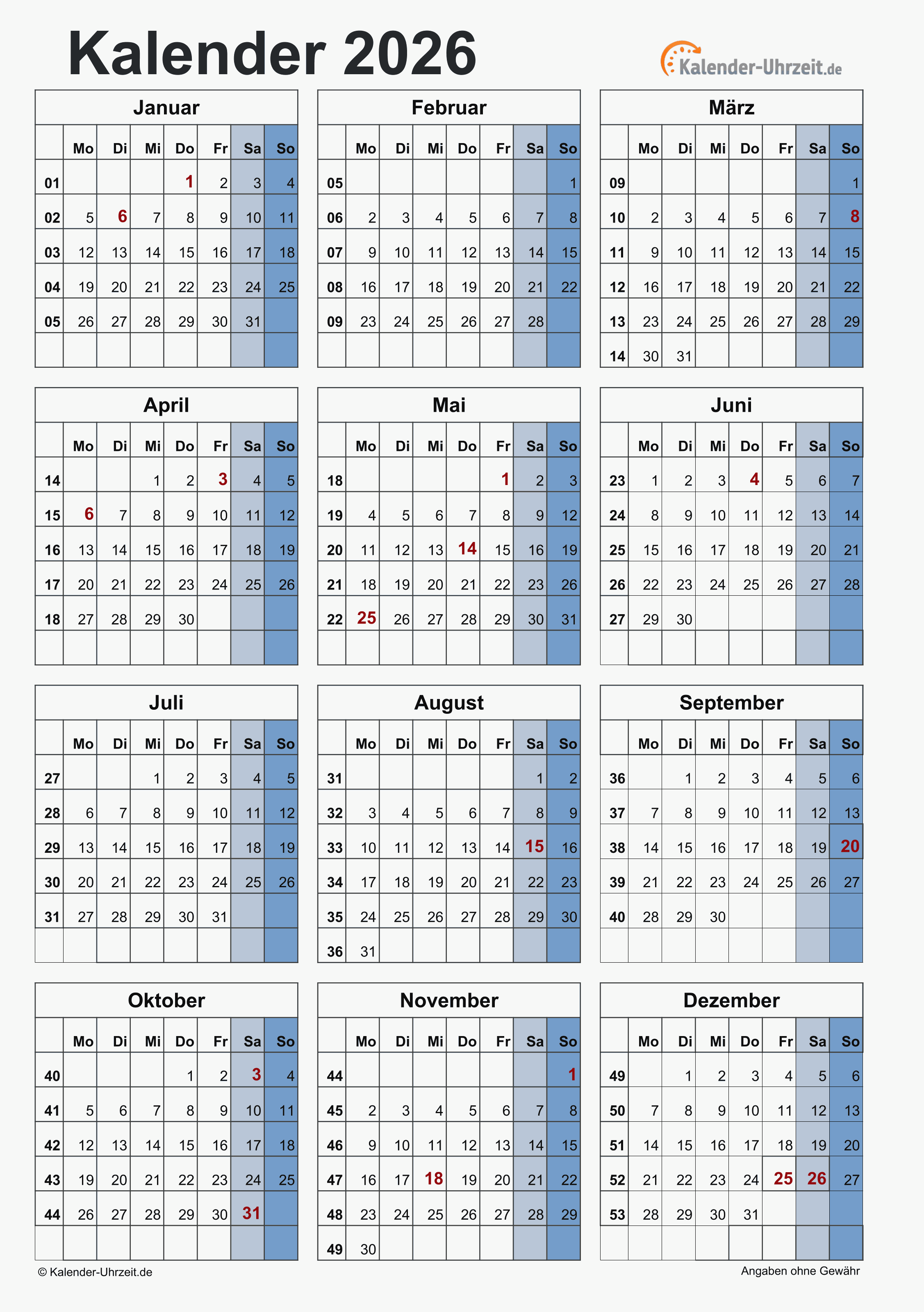 KALENDER 2026 ZUM AUSDRUCKEN KOSTENLOS