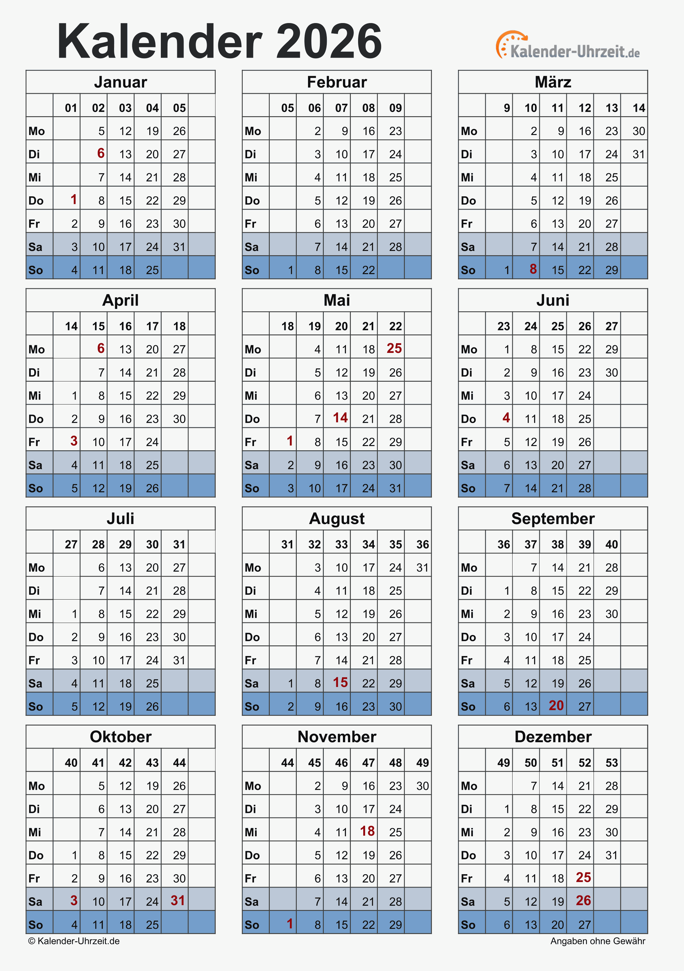 KALENDER 2026 ZUM AUSDRUCKEN KOSTENLOS