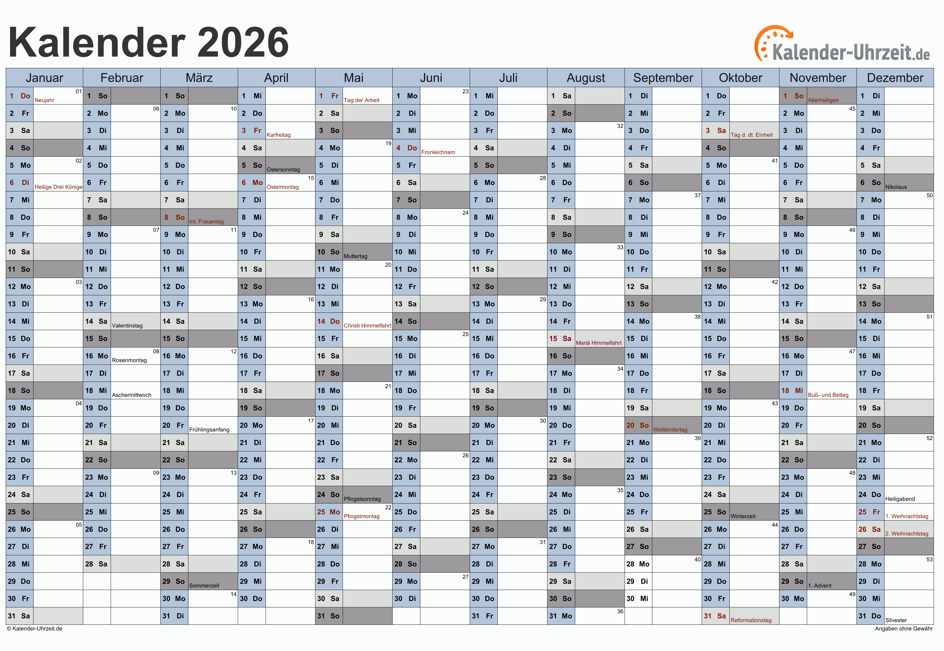 KALENDER 2026 ZUM AUSDRUCKEN KOSTENLOS
